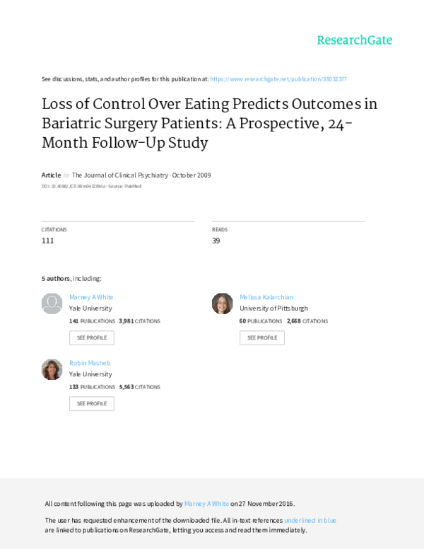 (PDF) Loss of Control Over Eating Predicts Outcomes in Bariatric ...