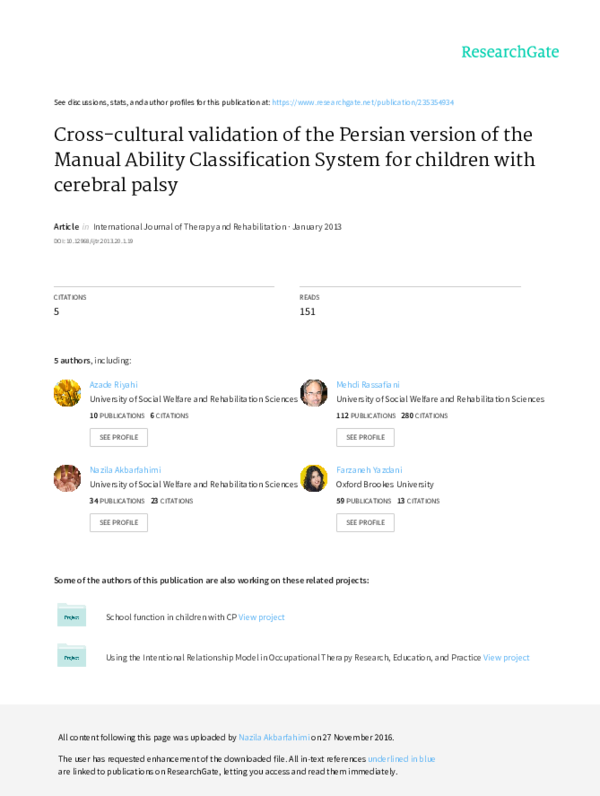 Pdf Cross Cultural Validation Of The Persian Version Of The Manual Ability Classification