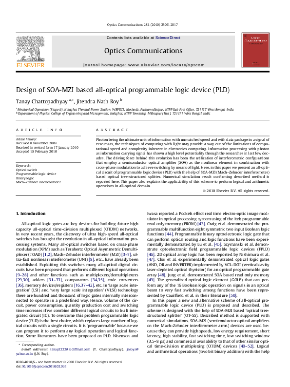 Pdf Design Of Soa Mzi Based All Optical Programmable Logic Device Pld