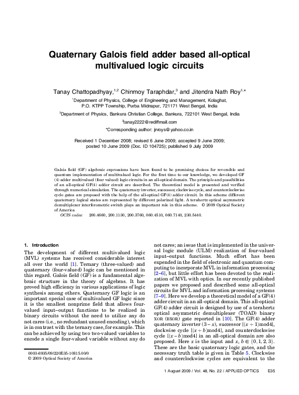 Pdf Quaternary Galois Field Adder Based All Optical Multivalued Logic Circuits