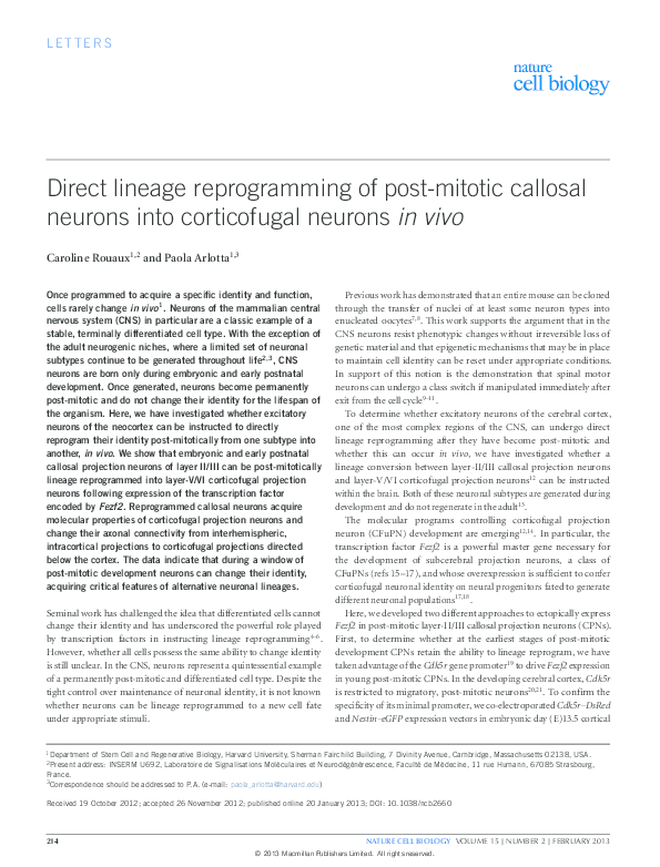 Direct lineage reprogramming of post-mitotic callosal neurons into ...