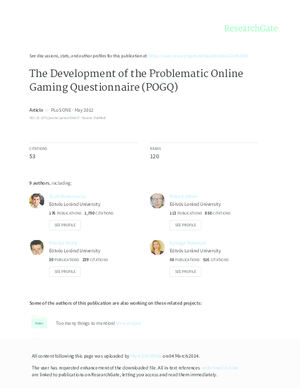 (PDF) The Development of the Problematic Online Gaming Questionnaire (POGQ)