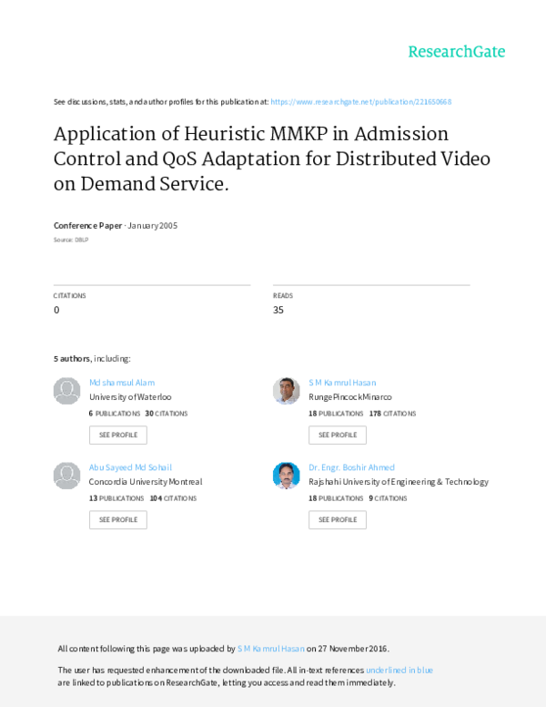 Pdf Application Of Heuristic Mmkp In Admission Control And Qos Adaptation For Distributed