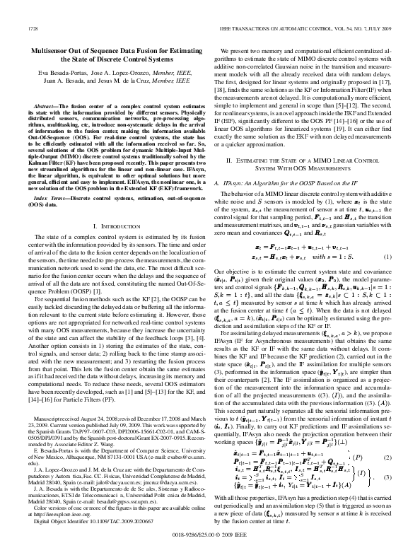 (PDF) Multisensor Out of Sequence Data Fusion for Estimating the State of Discrete Control Systems