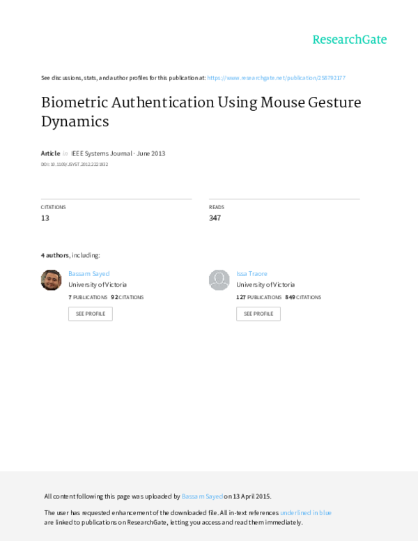 (PDF) Biometric Authentication Using Mouse Gesture Dynamics