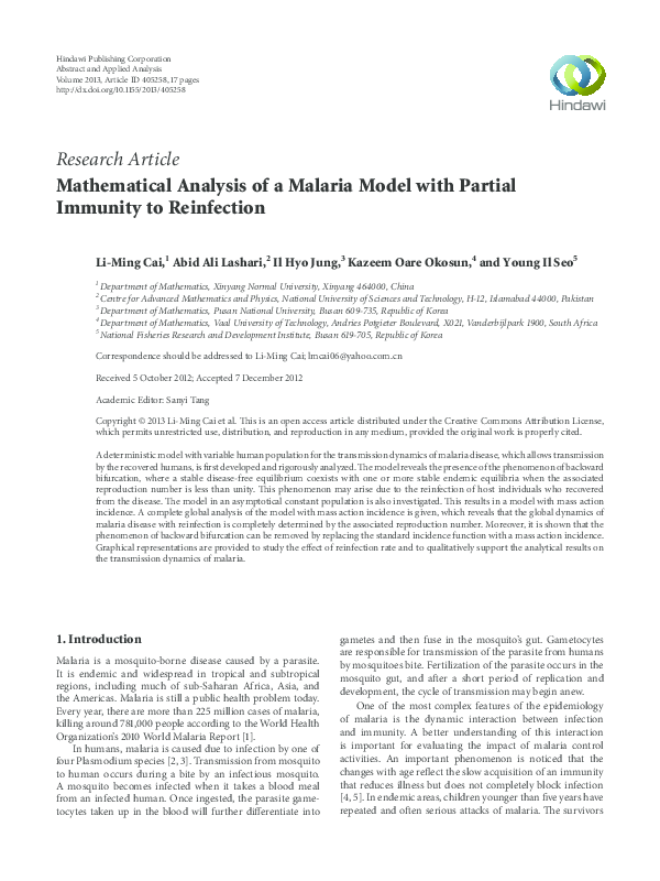 (PDF) Mathematical Analysis of a Malaria Model with Partial Immunity to ...