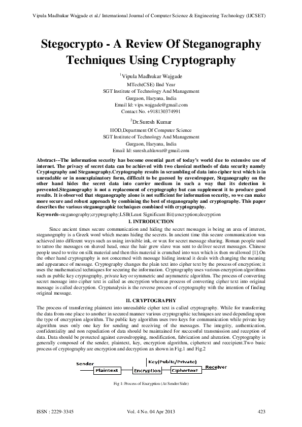 (PDF) Stegocrypto -A Review Of Steganography Techniques Using Cryptography