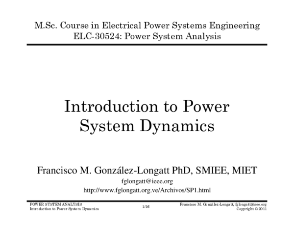 (PDF) Introduction to Power System Dynamics, M.Sc. Course in Electrical Power Systems Engineering
