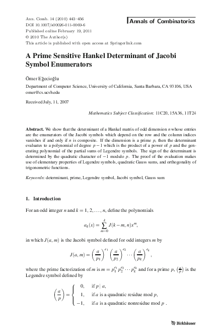 (PDF) A Prime Sensitive Hankel Determinant of Jacobi Symbol Enumerators