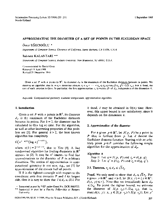 (PDF) Approximating the diameter of a set of points in the Euclidean space