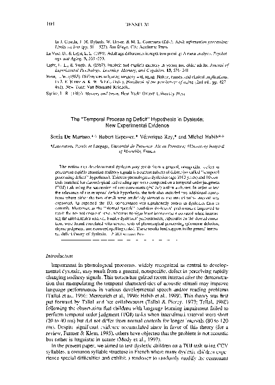(PDF) The temporal processing deficit hypothesis in dyslexia: new ...