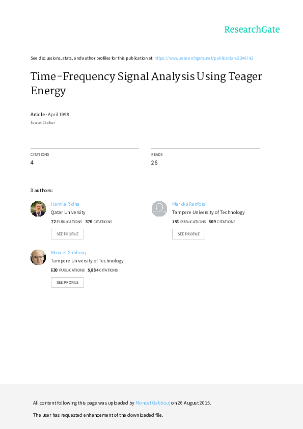(PDF) Time-frequency signal analysis using teager energy