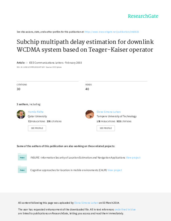 (PDF) Efficient Subchip Delay Estimation in WCDMA using Teager-Kaiser
