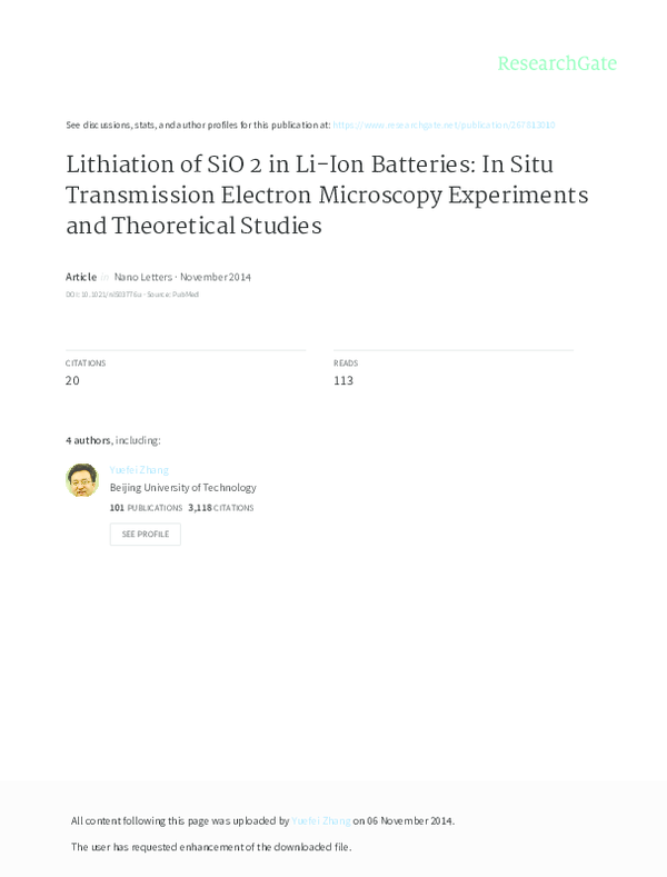 (PDF) Lithiation of SiO2 in Li-ion batteries: in situ transmission electron microscopy ...