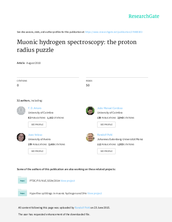 (PDF) Muonic hydrogen spectroscopy: the proton radius puzzle