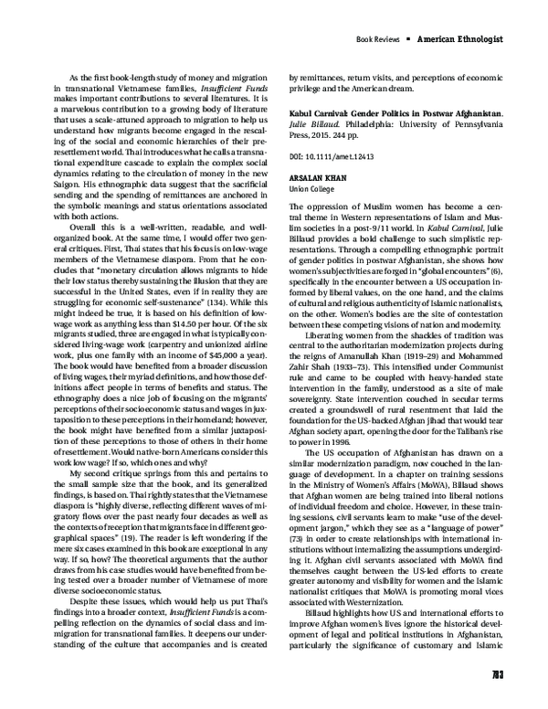(PDF) Review of Julie Billaud's Kabul Carnival: Gender Politics in ...
