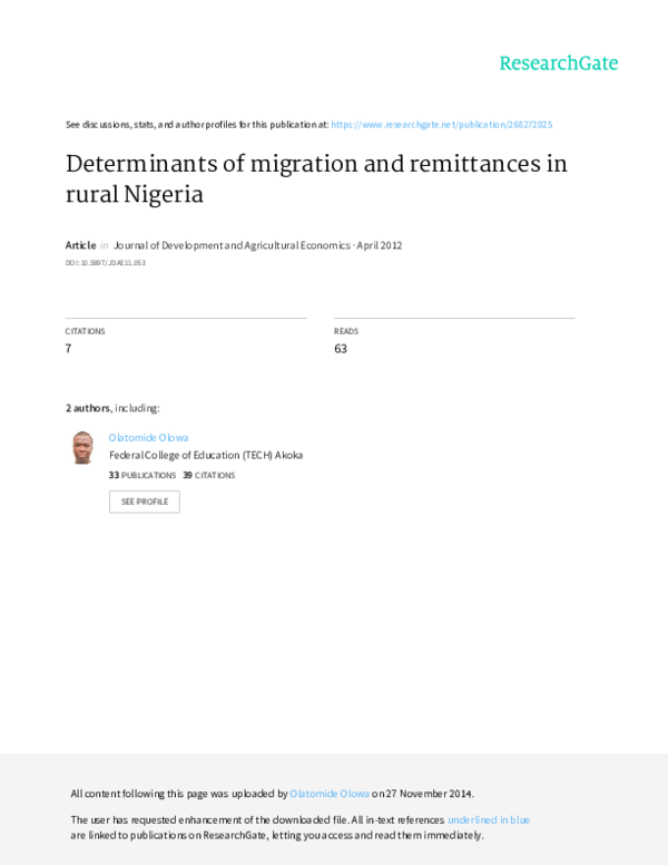 (PDF) Determinants of migration and remittances in rural Nigeria