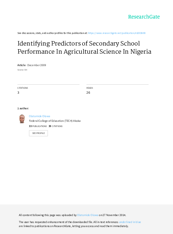 (PDF) Identifying Predictors of Secondary School Performance In ...