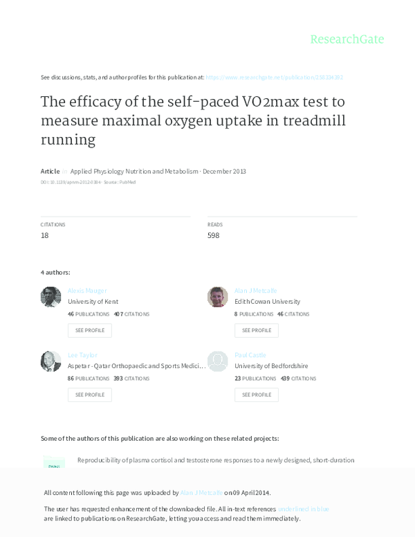 (PDF) The efficacy of the self-paced V̇ O 2max test to measure maximal ...