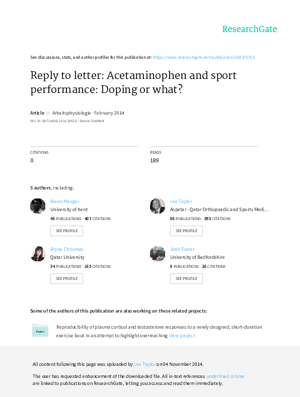 (PDF) Reply to letter: Acetaminophen and sport performance: doping or what?