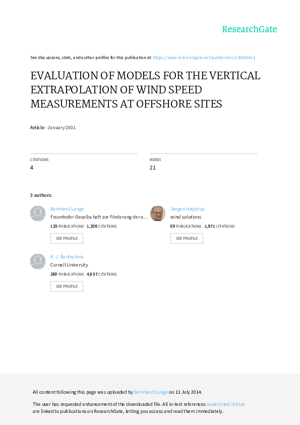 (PDF) Evaluation of Models for the Vertical Extrapolation of Wind Speed Measurements at Offshore ...