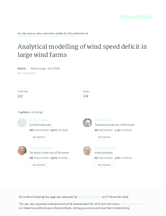(PDF) Analytical modelling of wind speed deficit in large offshore wind ...