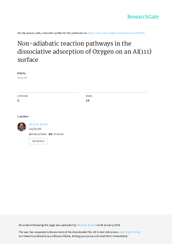 (PDF) Non-adiabatic reaction pathways in the dissociative adsorption of Oxygen on an Al (111 ...