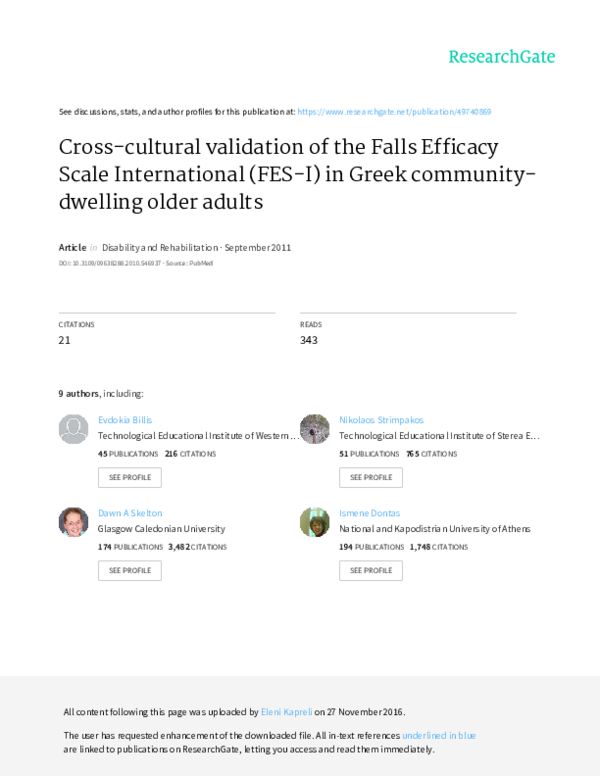 (PDF) Cross-cultural validation of the Falls Efficacy Scale ...