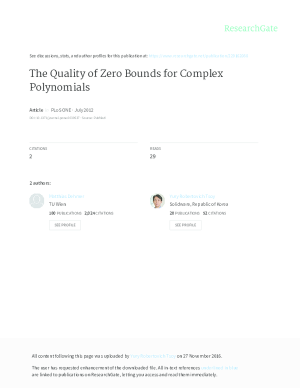 (PDF) The Quality of Zero Bounds for Complex Polynomials