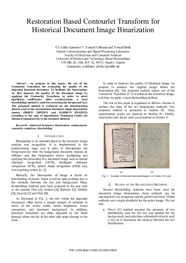 Pdf Restoration Based Contourlet Transform For Historical Document Image Binarization Youcef