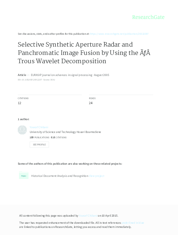 (PDF) Selective Synthetic Aperture Radar and Panchromatic Image Fusion by Using the à Trous ...