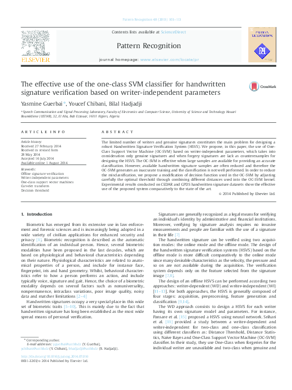 Pdf The Effective Use Of The One Class Svm Classifier For Handwritten Signature Verification 