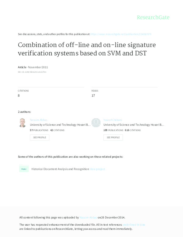 Pdf Combination Of Off Line And On Line Signature Verification Systems Based On Svm And Dst