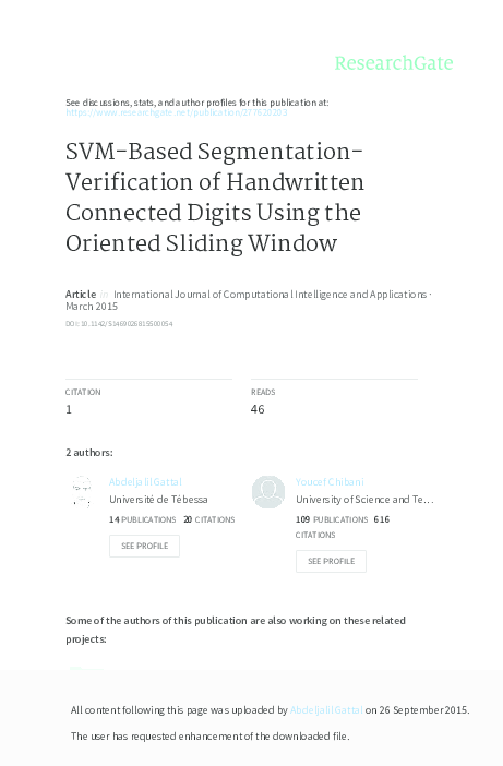 Svm Based Segmentation Verification Of Handwritten Connected Digits Using The Oriented Sliding