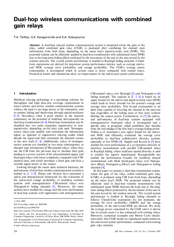(PDF) Dual-hop wireless communications with combined gain relays