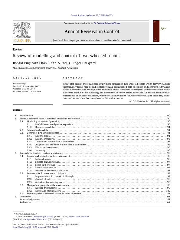 Pdf Review Of Modelling And Control Of Two Wheeled Robots