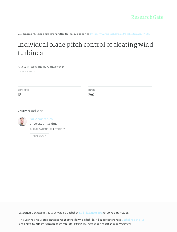 (PDF) Individual blade pitch control of floating offshore wind turbines