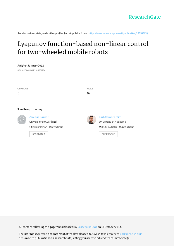 Pdf Lyapunov Function Based Non Linear Control For Two Wheeled Mobile Robots