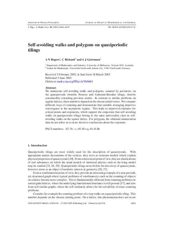 (PDF) Self-avoiding walks and polygons on quasiperiodic tilings