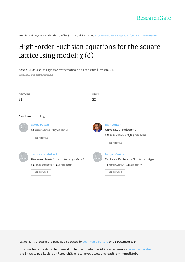 (PDF) High-order Fuchsian equations for the square lattice Ising model ...