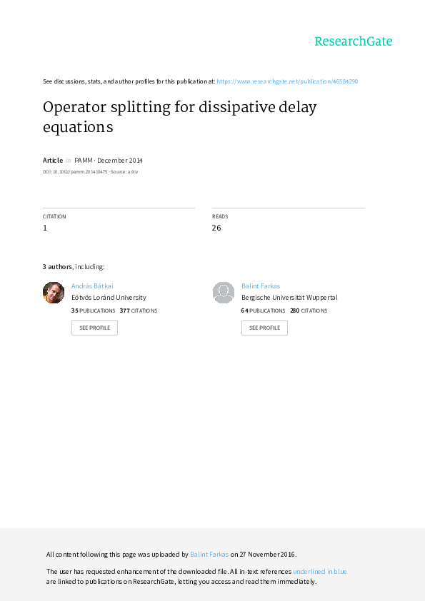 Pdf Operator Splitting For Dissipative Delay Equations Balint Farkas