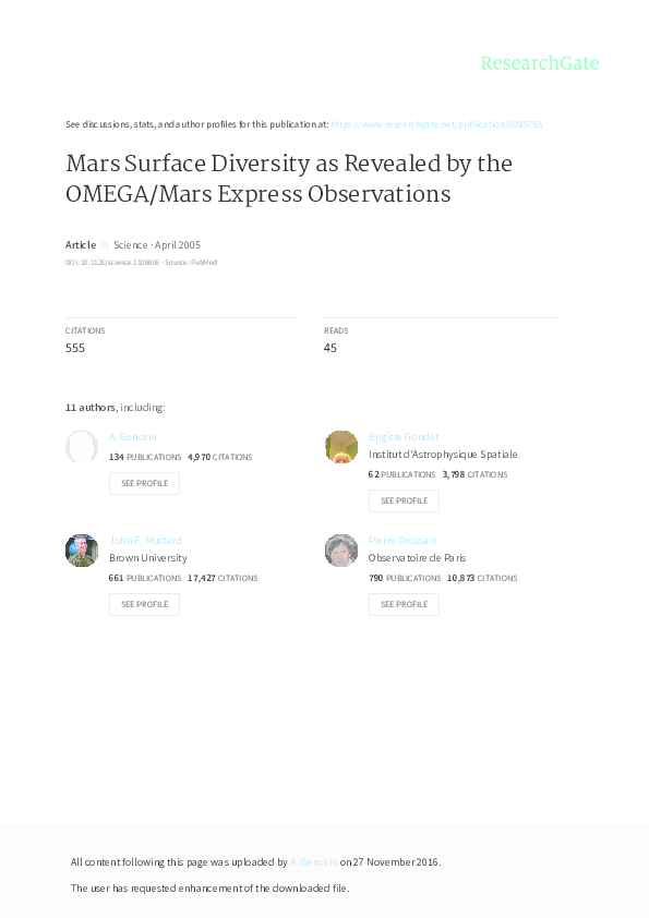 (PDF) Mars Surface Diversity as Revealed by the OMEGA/Mars Express ...