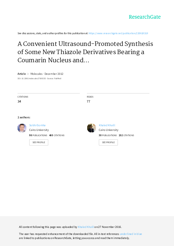 (PDF) A Convenient Ultrasound-Promoted Synthesis of Some New Thiazole Derivatives Bearing a ...