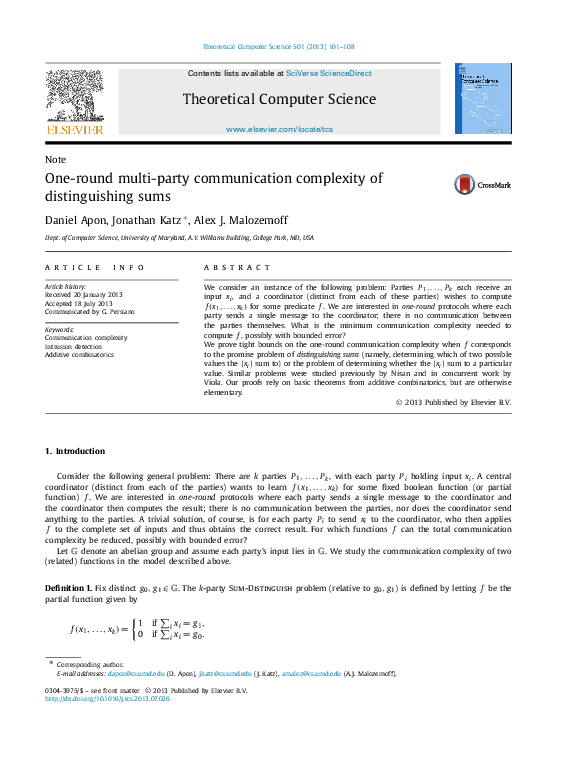 Pdf One Round Multi Party Communication Complexity Of Distinguishing Sums