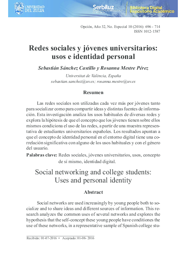 (PDF) Redes sociales y jóvenes universitarios: usos e identidad ...