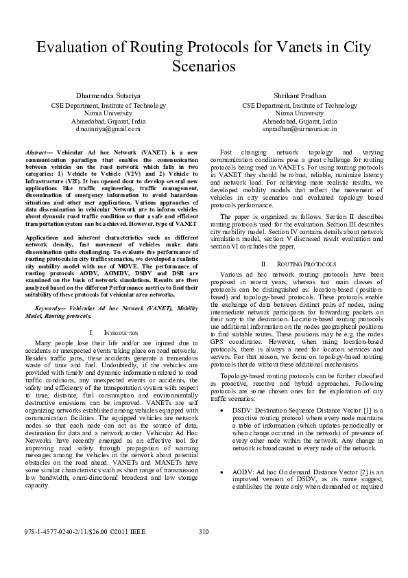 (PDF) Evaluation of routing protocols for Vanets in city scenarios