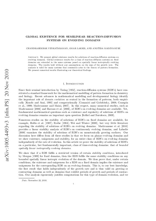 Pdf Global Existence For Semilinear Reaction Diffusion Systems On Evolving Domains