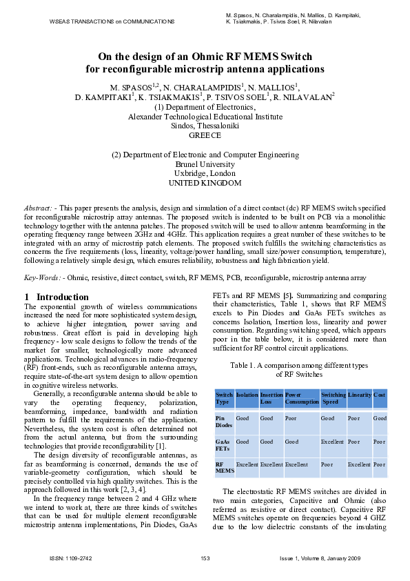 (PDF) On the design of an Ohmic RF MEMS Switch for reconfigurable microstrip antenna applications