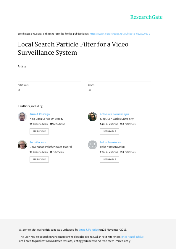 (PDF) Local Search Particle Filter for a Video Surveillance System
