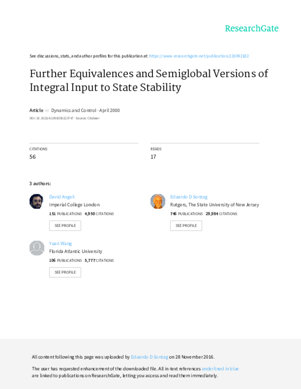 (PDF) Further equivalences and semiglobal versions of integral input to state stability
